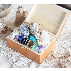 CRYSTALYA Calming Large Sleep Crystals and Healing Stones in Wooden Gift Box + 50pg EBOOK, Stress and Anxiety Relief - Amethyst, Lepidolite, Fluorite, Smoky Quartz, Selenite, Sage, and Info Guide