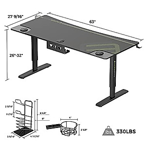 EUREKA ERGONOMIC 63 Inch Large Manual Height Adjustable Gaming Computer Desk, Home Office Studio Table Dual 3 Monitor Curved Edge Gifts 60 + w/Full Desk Mouse Pad Controller Stand Cup Headset Holder