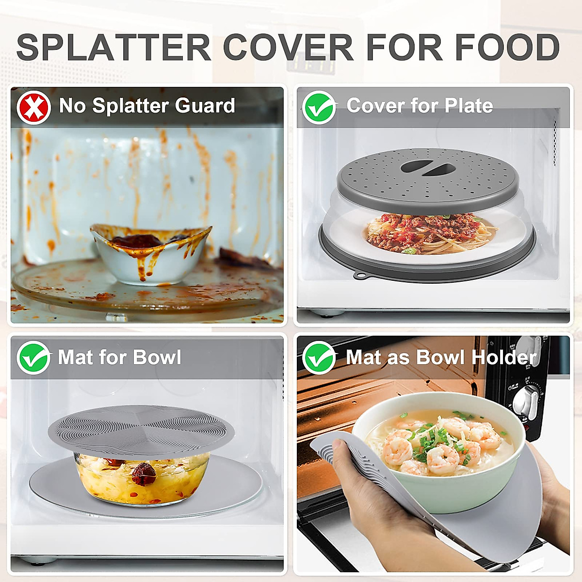 3 in 1, JesDiary Microwave Cover & Silicone Mat - Mat as Bowl Holders, Cover for Food Splatter Guard, Hot Pad,Breathable Easy Folding Food Lids Multi-use Washing Basket for Vegetables and Fruits,Grey