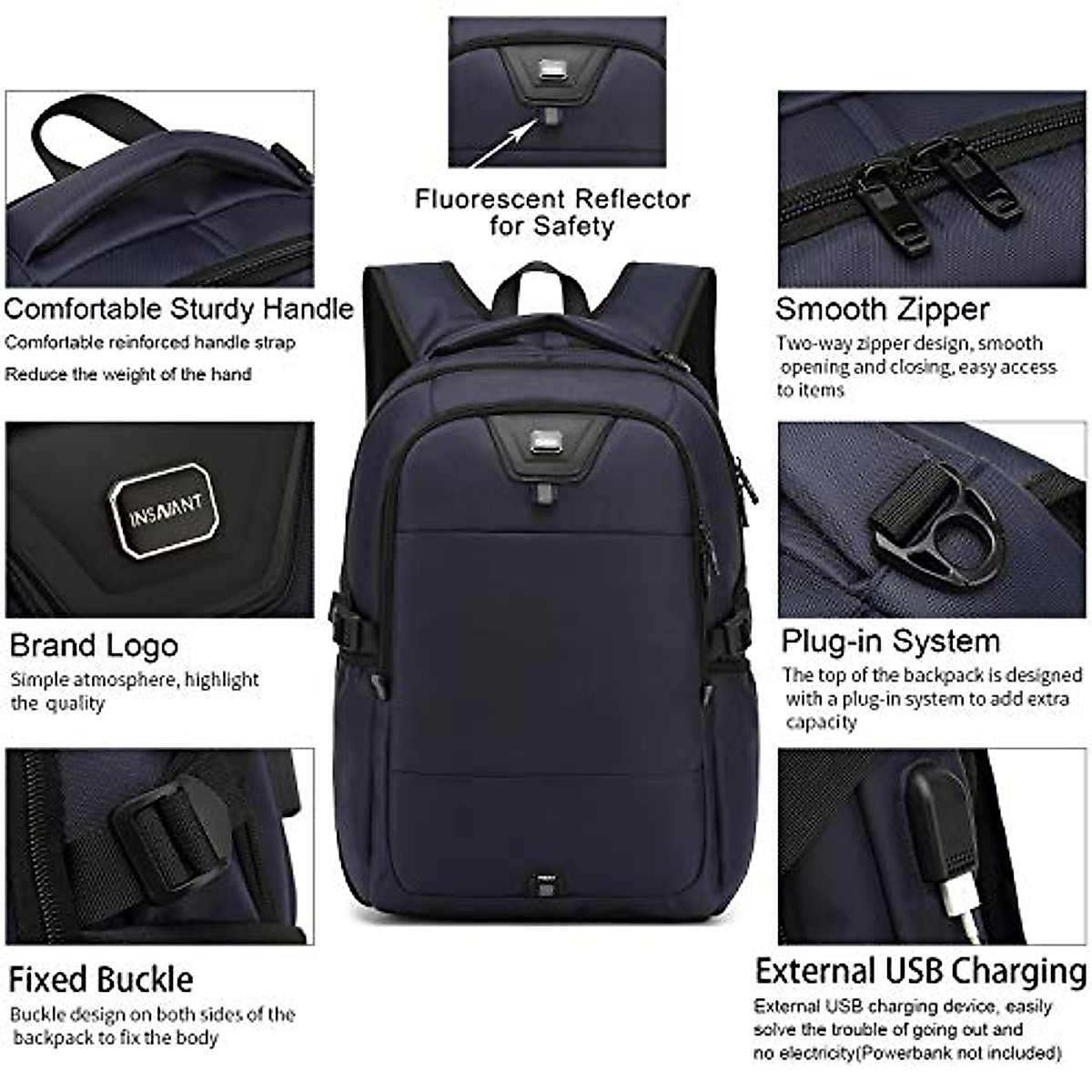 INSAVANT Laptop Backpack 17 Inch Water Resistant Backpacks Durable College Travel Daypack Anti Theft with USB Charging Port Best Gift for Men Women(17 Inch, Dark Blue)