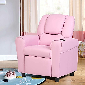 LDAILY Kids Recliner, PU Leather Kids Lounge Chair with Cup Holder, Adjustable Footrest, Ergonomic Toddler Furniture Sofa for Children, Boys & Girls, Living Room, Toddler Recliner, Pink