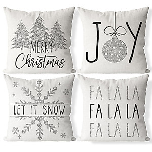 AOFANGGO Christmas Pillow Covers 18x18 Set of 4 Silver Glitter Holiday Decorations White Xmas Throw Pillows Cushion Covers for Bed Chair Sofa Couch