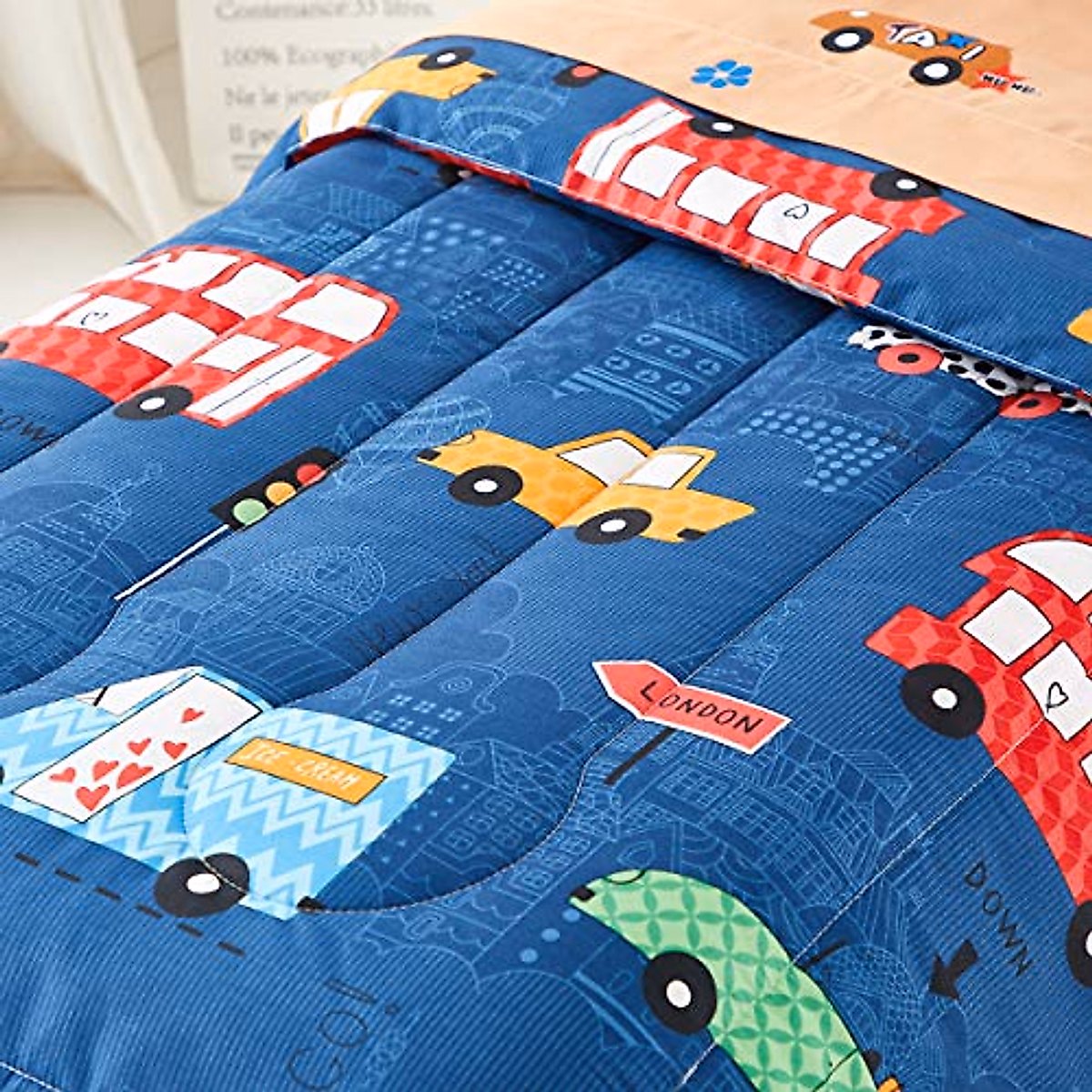 Boys Toddler Bedding Set Navy with Colorful Cars Includes 1 Boys Comforter, Flat Sheet, Fitted Sheet and Pillowcase