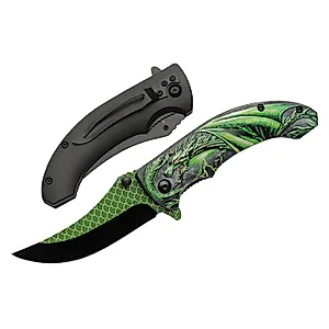 SZCO Supplies 300551-GN Green Dragon Assisted Open Liner Lock Edc Upsweep Folding Knife, 8" Length