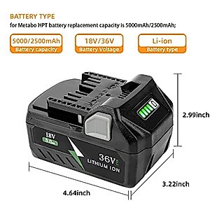 Wodeuibr 36V/18V 5.0Ah Replacement for Metabo HPT Battery,Li-Ion Battery MultiVolt 371751M 372121M BSL36A18 BSL36B18 Cordless Power Tools,5000mAh Large Capacity Battery