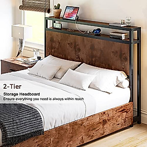 LUXOAK King Size Bed Frame with 4 Storage Drawers, Wooden Platform Bed with 2-Tires Storage Headboard and Charging Station, Noise Free/No Box Spring Needed/Rustic Brown
