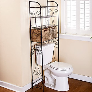 Over The Toilet Space Saving Rack with Shelves and Wicker Baskets