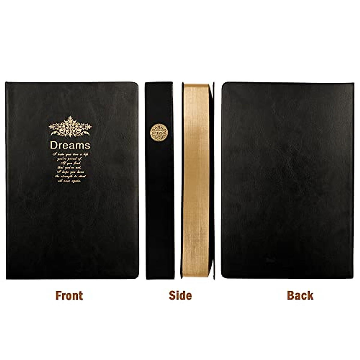 Lined Journal Notebook, Black Faux Leather Cover, 100Gsm Premium Thick Papers with Golden Rim, 416 Pages A5 Dream Journals for Writing