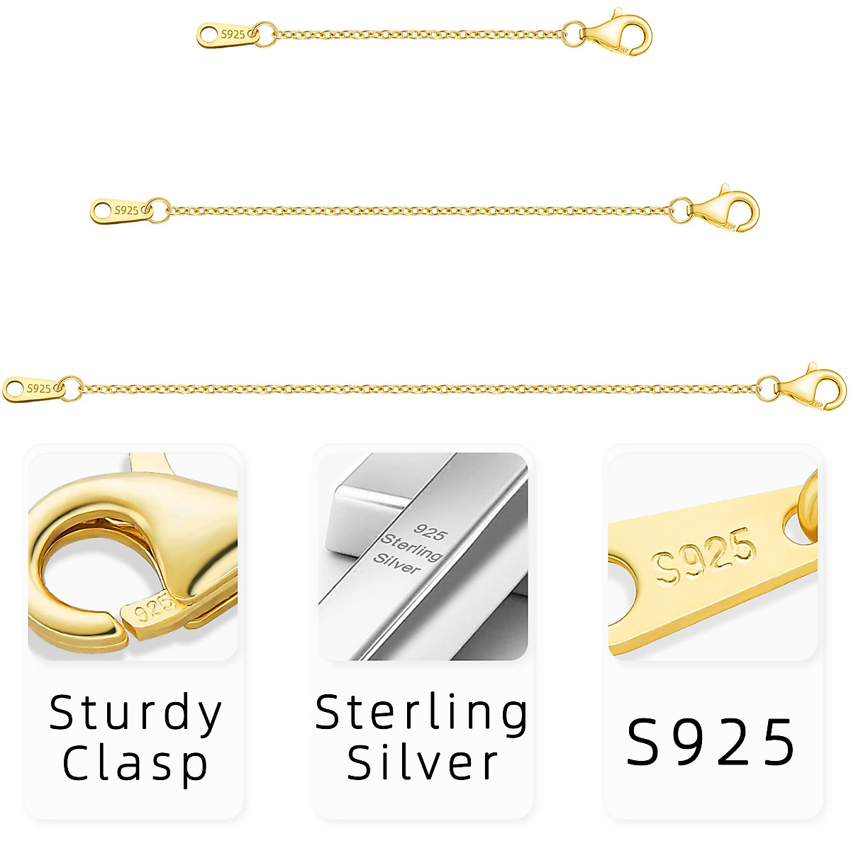 925 Sterling Silver Necklace Extender Gold Necklace Extender Gold Chain Extenders for Necklaces 2", 3", 4" Inches