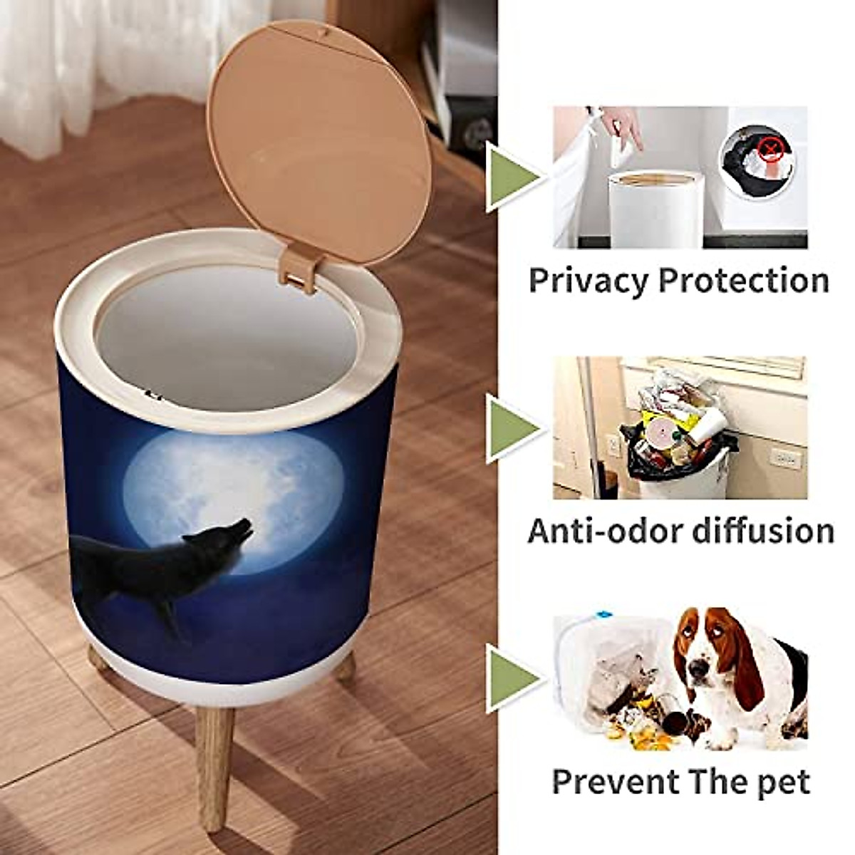 Small Trash Can with Lid for Bathroom Kitchen Office Diaper 3D rendering a black werewolf glowing red eyes howling at big moon Bedroom Garbage Trash Bin Dog Proof Waste Basket Cute Decorative