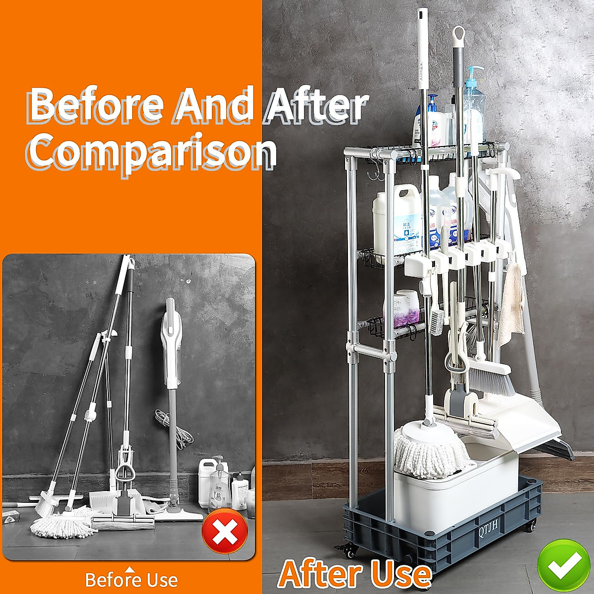 Multi-Layer Mobile Cleaning Tool Storage Rack storage shelf broom mop holder hold your cleaning supplies janitorial cart Steel Organizer Wire Rack