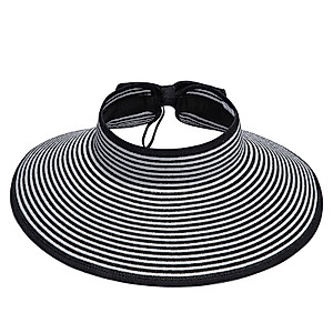 Simplicity Women's Straw Sun Hat Wide Brim Roll-up Sun Visor Black/White