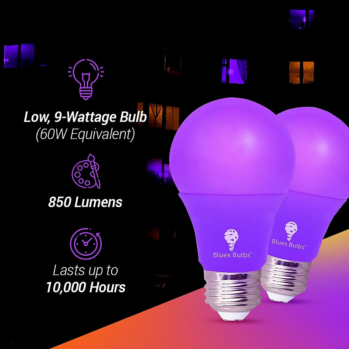 Bluex Bulbs 2 Pack LED A19 Purple Light Bulb - 9W (60Watt Equivalent) - E26 Base LED Purple Bulb, Party Decoration, Porch, Home Lighting, Holiday Lighting, Decorative Illumination (Purple)