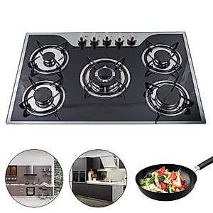 Gas Cooktop 30" Gas Cooktop 5 Burners Gas Stove Gas Hob Stovetop Tempered Glass Cooktop Cast Iron Grates Built-in Gas Stove Top Gas Cooktop Thermocouple Protection (Style 1)