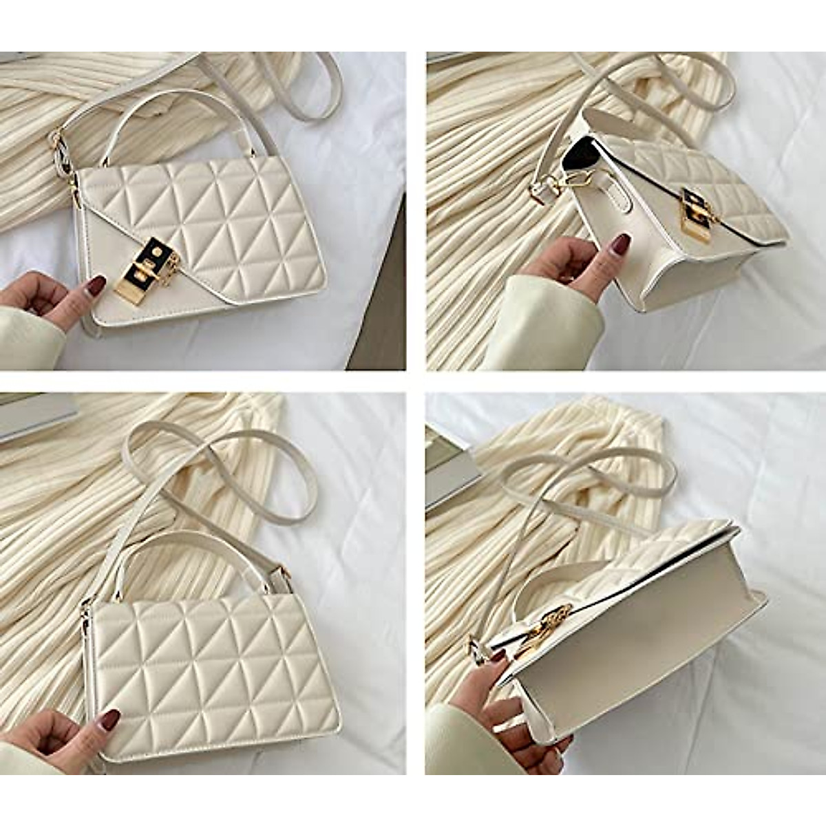 Ladies crossbody leather handbag in three classic colors with a creative geometric design and a small buckle chain closure.  (White)