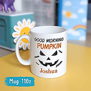 Good Morning Pumpkin Halloween Coffee Mug Cups 11oz 15oz, Personalized Scary Pumpkin Face Ceramic Mug Gifts For Halloween, Custom Pumpkin Ghost Coffee Cup With Name, Halloween Custom Mug