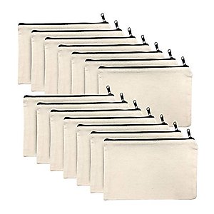 12 pack canvas pencil bag, blank plastic bag, DIY crafts, cotton cosmetic bag, multi-purpose travel cosmetic bag, black zipper in bulk 8 x 5 inches