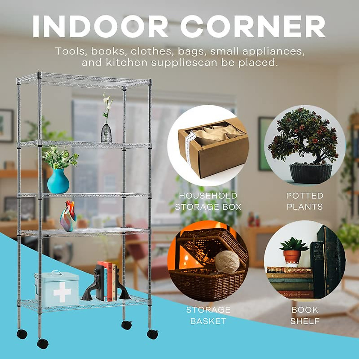 MGHH Garage Shelving, Metal Shelves 5 Tier Wire Shelving Unit Adjustable Heavy Duty Sturdy Steel Shelving Rolling Cart with Casters for Pantry Garage Kitchen (Chrome, 14" D x 30" W x 60" H)