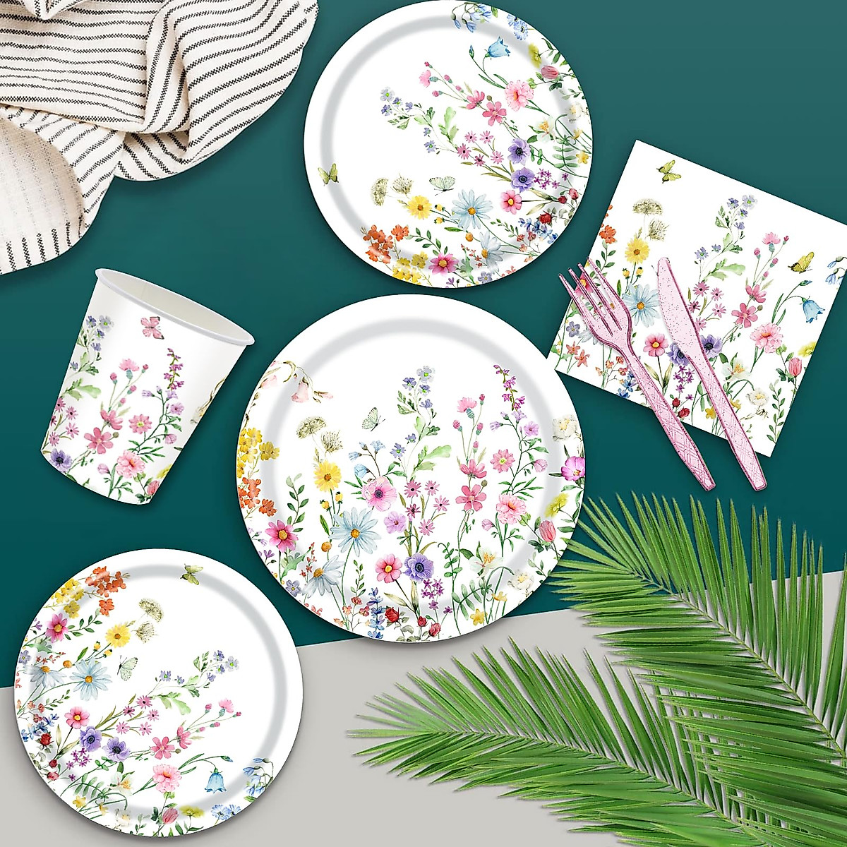 122PCS Wildflower Baby Shower Party Supplies for Girls First Birthday Spring Floral Wedding Party Decorations Disposable Plates Napkin Cups Tablecloth Banner Tableware Set for 20 Guests