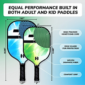 Helium Element Pickleball Family 4-Pack - 2 Child-Size & 2 Adult-Size Paddles, Lightweight Pickleball Set with Honeycomb Core, Graphite Strike Face, 4 Pickleballs & Convenient Drawstring Bag