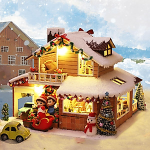 DIY Miniature Dollhouse Kit, 3D Wooden Puzzle Christmas Tiny House Model Kit with Music Box LED Light Dust Proof Cover, 3D Wooden Puzzle for Adults Couple, Handmade Crafts Home Decor Gift (Snow Villa)