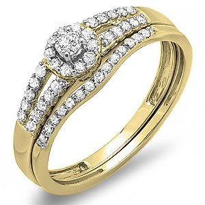 Dazzlingrock Collection 0.40 Carat (ctw) 18k Round Diamond Women Split Shank Halo Style Ring Engagement Matching Wedding Band Set, Yellow Gold, Size 8