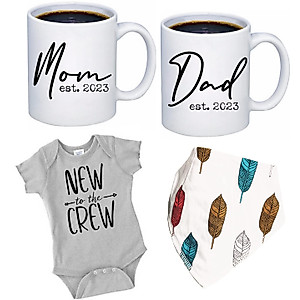 Tipit Drinkware Pregnancy Gift Est 2023 - New Parents Gifts Mommy and Daddy Est. 2023 11 Coffee Mug Gift Set,New to The Crew Romper (3M) - Top Mom and Dad Gift Set for New Parents to Be - Baby Shower