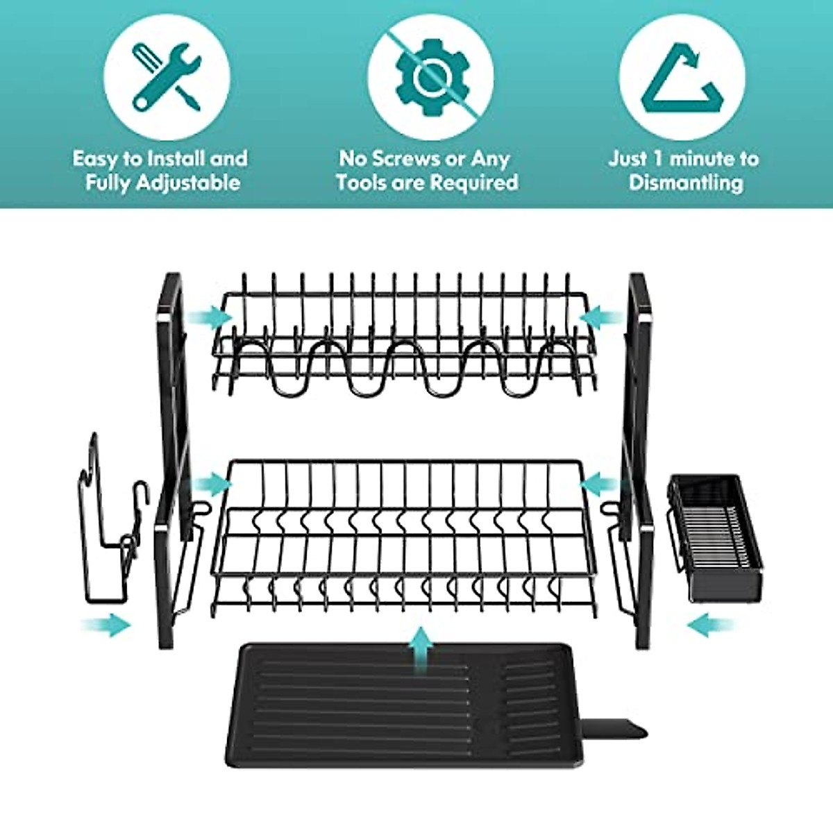 BOOSINY Dish Drying Rack and Drainboard Set for Kitchen Counter, 2 Tier Large Stainless Steel Sink Organizer Dish Racks with Cups Holder, Utensil Holder, Dish Strainer Shelf (Black)