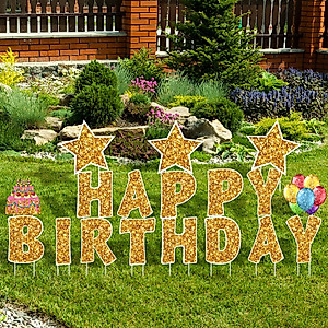 Jetec 18 Pieces Happy Birthday Yard Signs with Stakes, 16 Inches Birthday Outdoor Lawn Signs, Birthday Cake Balloon Patio Decorations, Garden Lawn Decorations for Birthday Party(Gold)
