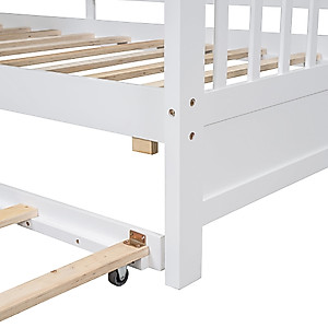 Twin Size House Bed with Trundle, Wooden Daybed Frame with Roof/Window/Guardrail and Storage Shelf for Kids, Teens Boys or Girls (White, Twin)