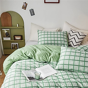 Lurson 100% Cotton Checker Geometric Duvet Cover Set Twin Size Aqua Light Green Reversible Plaid Bedding Comforter Cover Ultra Soft Grid Simple Quilt Cover with Zipper Closure Corner Ties