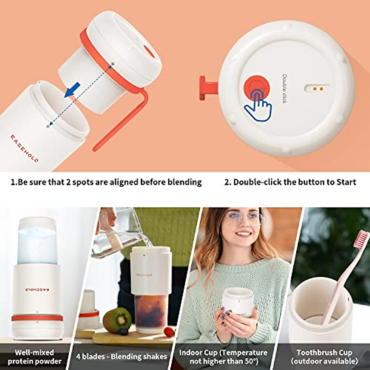 EASEHOLD Portable Blender, Personal Blender for Shakes, Mini Blender USB Magnetic Rechargeable, Travel Juicer Cup with Ultra Sharp 4 Blades, BPA-Free 10.5oz To-Go Fruit Mixer for Office, Sports, Gym