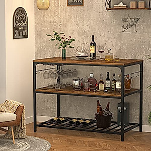 Homieasy Kitchen Island with Wine Glass Holder, Industrial Wood and Metal Coffee Bar Rack, 3 Tier Spacious Prep Table Extended Counter with Hooks Easy to Assemble, Rustic Brown