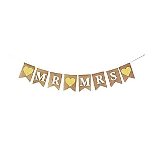 Just Married Banner Flag – Mr and Mrs Banner Rustic Burlap Sign Decoration for Wedding Party Table Photobooth Props Home Wall by Mandala Crafts