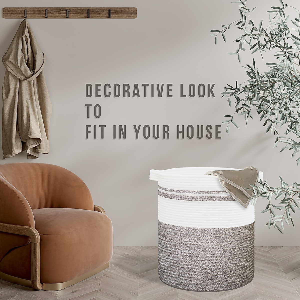 Large Laundry Hamper Basket, Clothes Hamper for Bedroom, Nursery, Living Room - Jute Woven Rope Basket with Handles, Collapsible laundry baskets for Toys, Pillows, Blankets-20x16in-63L Brown & White