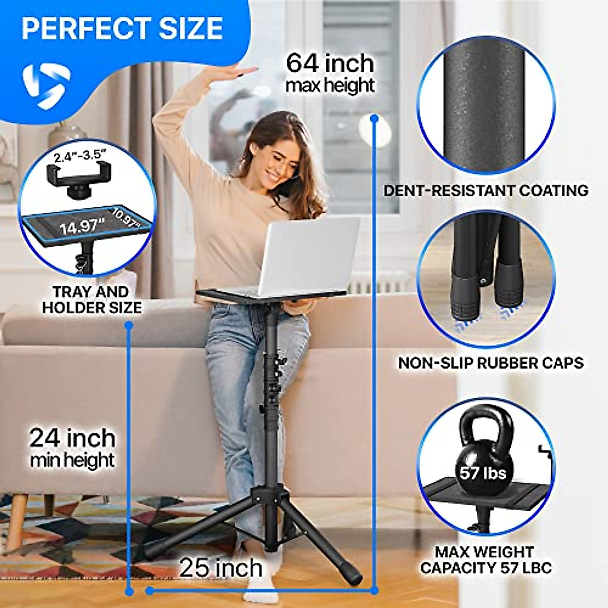 TRIPODSY Projector Tripod Stand with Adjustable Height 24-64 Inches, Standing Laptop Floor Riser, Portable Multifunctional Space Saver Desk for DJ, Outdoor Mobile Workstation for Studio, Home, Office