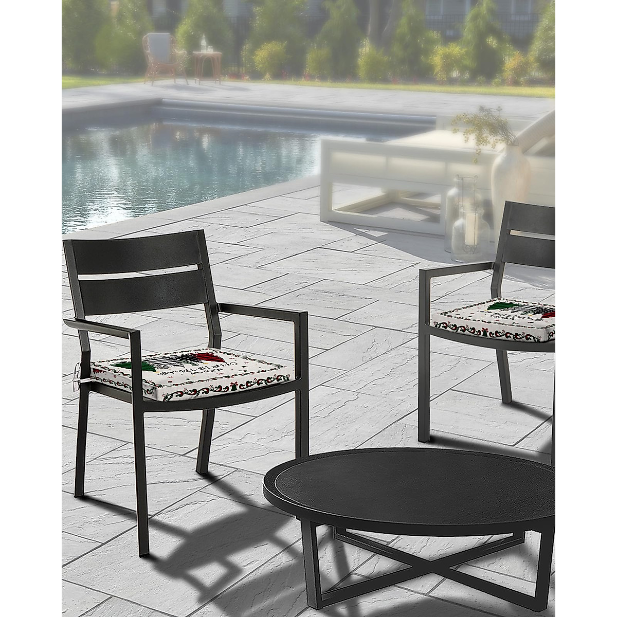 Merry Christmas Tree Outdoor Cushion Chair Cover Set of 2 - Waterproof Couch Seat Covers, Red Plaid Green Xmas Tree Snowflake Patio Furniture Protector Slipcovers for Sofa/Garden/RV, 20"x18"x4"