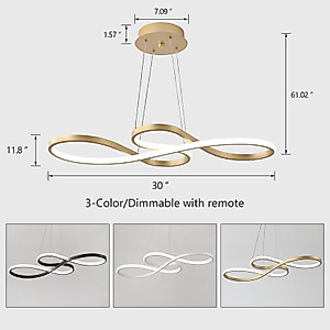 Q&S Modern LED Chandelier Gold Contemporary Light Fixtures Pendant Light Hanging Light for Dining Room Kitchen Island Dimmable Chandeliers with Remote Control 4000K-6000K L30 in
