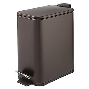 mDesign Slim Metal Rectangle 1.3 Gallon Trash Can with Step Pedal, Easy-Close Lid, Removable Liner - Narrow Wastebasket Garbage Container Bin for Bathroom, Bedroom, Kitchen, Office - Bronze