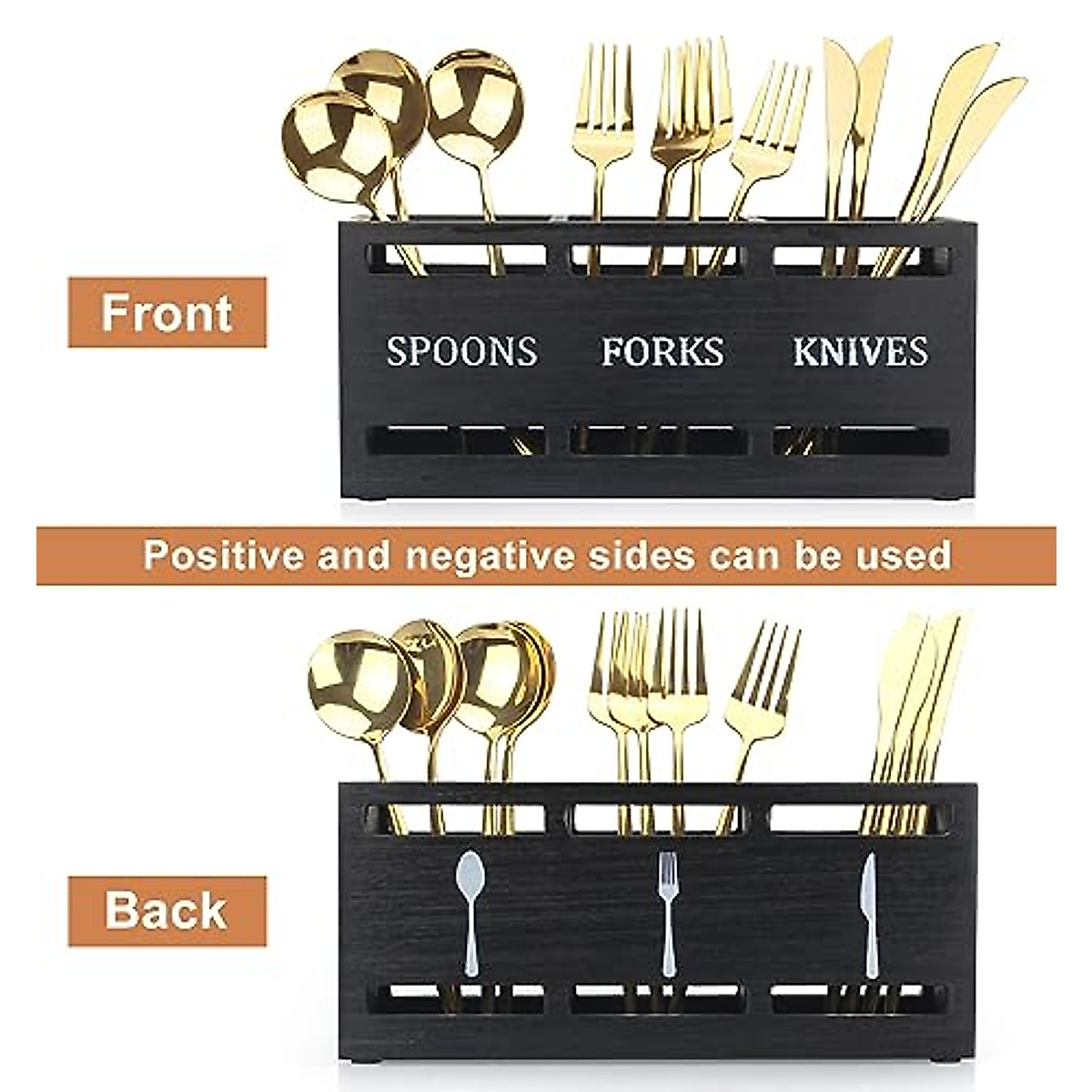 Ayiaren Wooden Silverware Caddies Flatware Cutlery Holder Wood Silverware Organizer Storage Containers Black Kitchen Utensils Holder for Countertop Spoon and Fork Holder Flatware Utensil Caddy