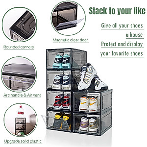ZLLZUU Upgrade 8 Pack X-Large Shoe Storage Boxes with Clear Magnetic Doors Stackable Shoe Organizer with Solid Plastic Drop Front Shoe box for Sneaker Display, Fit up to US Size 12 (Black)