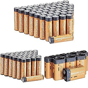 Amazon Basics Alkaline Battery Combo Pack | AA 48-Pack, AAA 36-Pack, 9 Volt 8-Pack (May Ship Separately)