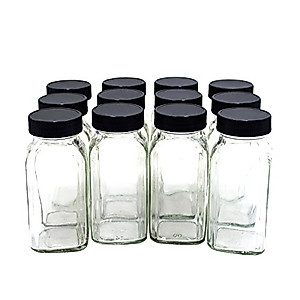 U-Pack 12 pieces of French Square Glass Spice Bottles 6 oz Spice Jars with Black Plastic Lids, Shaker Tops, and Labels by U-Pack
