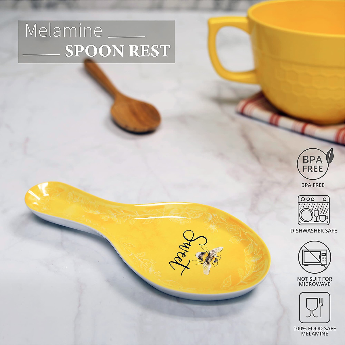 UPware Melamine Spoon Rest Spoon Holder Kitchen Utensil Holders 9.625 Inch for Kitchen Counter Dining Table (Sweet Bee)
