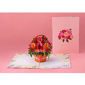 Paper Love 3D Rose Basket Romantic Pop Up Card, For Valentines Day, Mothers Day, All Occasions - 5" x 7" Cover - Includes Envelope and Note Tag