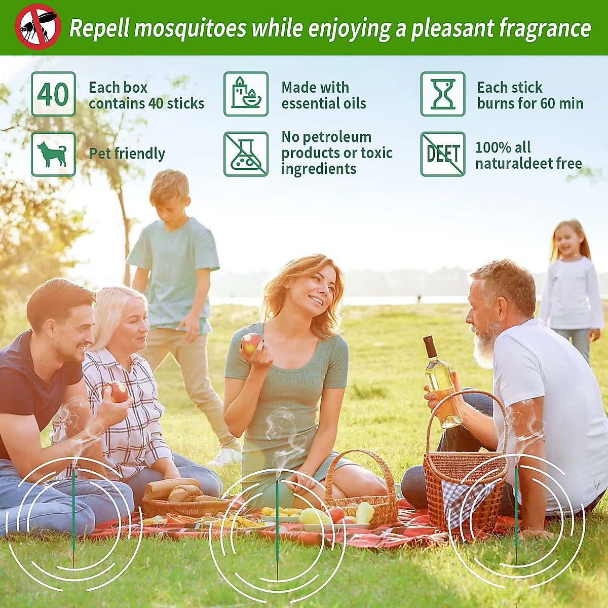 Mosquito Repellent Incense Stick Outdoor 100% Natural 40 Pcs Mosquito Sticks with Natural Lemongrass and Rosemary Oil Non Toxic and DEET Free Made with Plant Based Ingredients