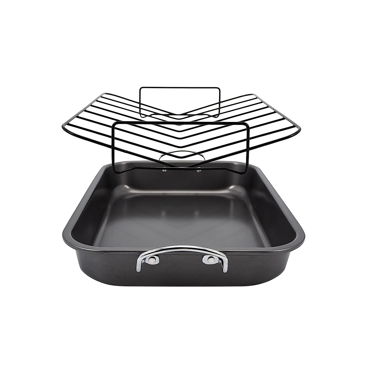 Eternal Living 6 Piece Rectangular Turkey Roaster Pan with Rack Carving Knife Fork Baster and Brush, Roasting Pan 15 Inch Black