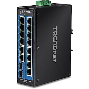 TRENDnet 16-Port Hardened Industrial Unmanaged Gigabit DIN-Rail Switch, TI-G162, 14 x Gigabit Ports, 2 x Gigabit SFP Slots,32Gbps Switching Capacity, IP30 Ethernet Network Switch, Lifetime Protection
