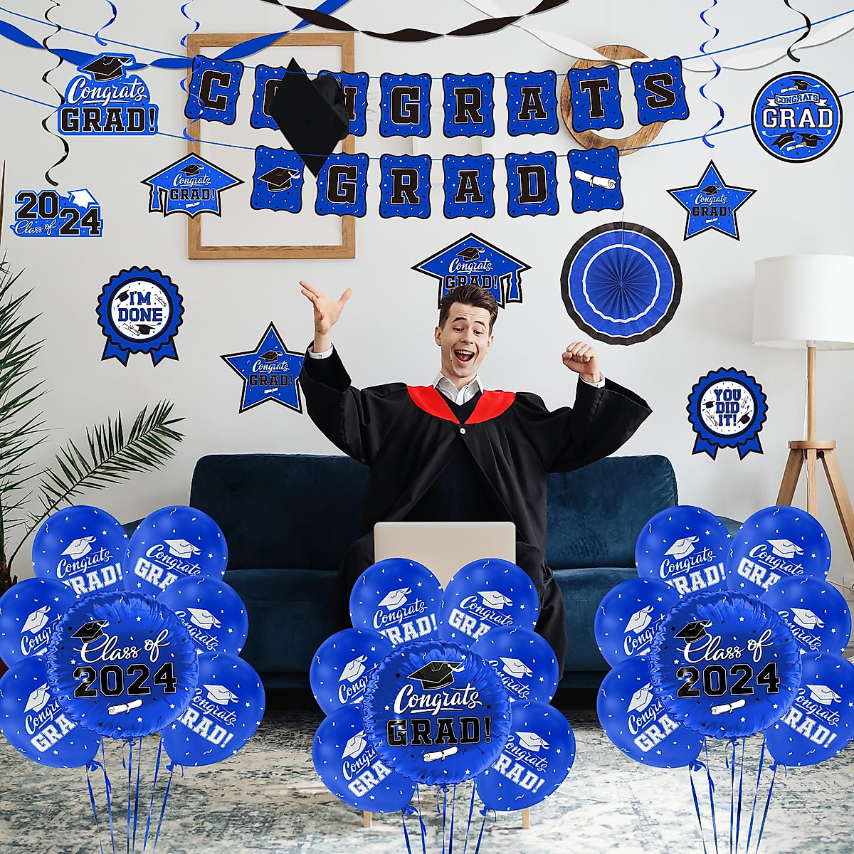 Blue Themed 2025 Graduation Decorations Set - Congrats Grad Banner, Class of 2025 Backdrop, Balloons & Streamers Kit - Complete Party Supplies for High School & College Celebrations