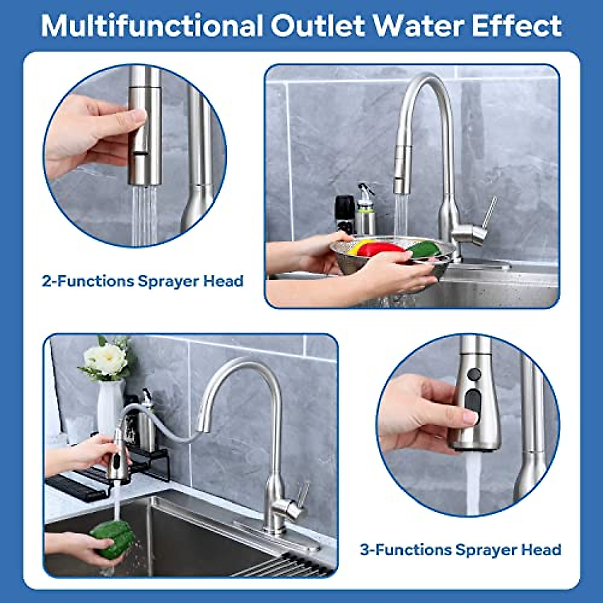 Homikit Kitchen Faucet with 2 Pull Down Sprayers, Brushed Nickel 18/10 Stainless Steel Kitchen Sink Faucets, Single Handle High Arc Kitchen Faucets for Farmhouse RV Bar Laundry